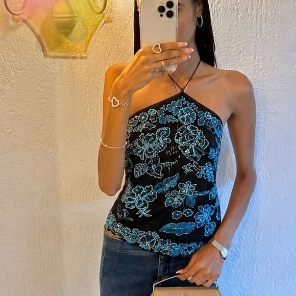 Scala | Tops | Vintage Scala Silk Halter Top Small Blue Beaded Floral ...